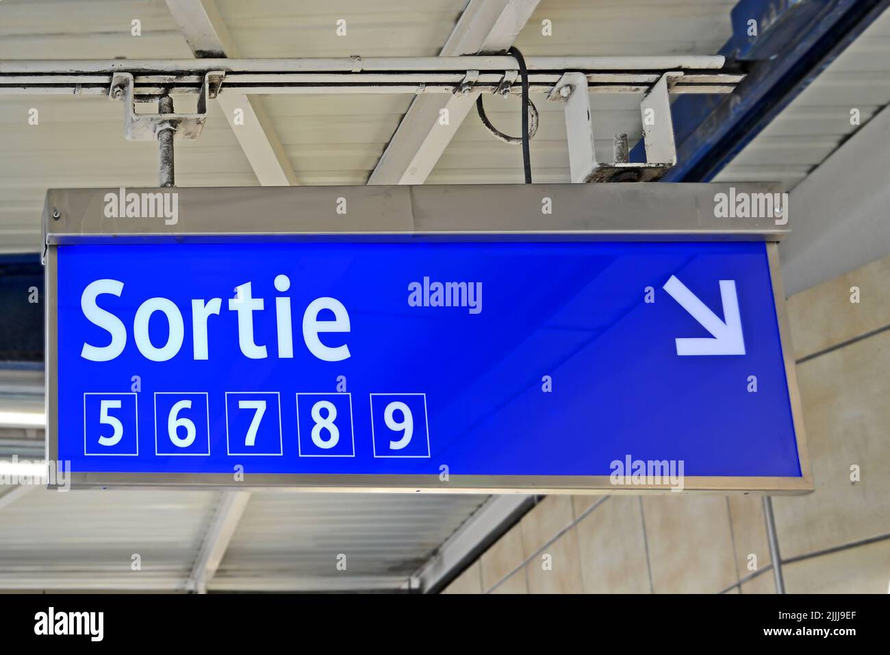 exit direction sign message on french language on metal board, france ...