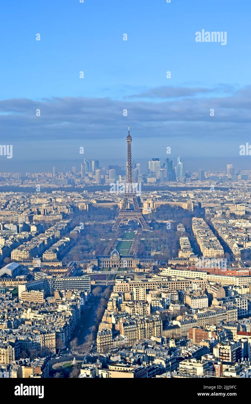 The Eifel Tower, La Defense business district foreground and city ...