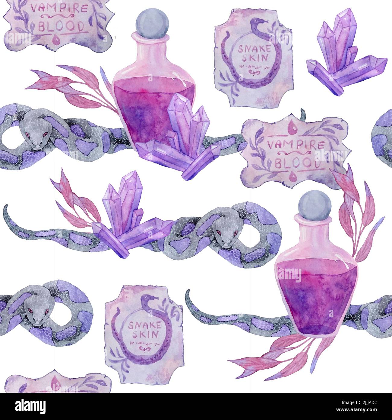 Watercolor hand drawn seamless pattern with apothecary potion brew ...
