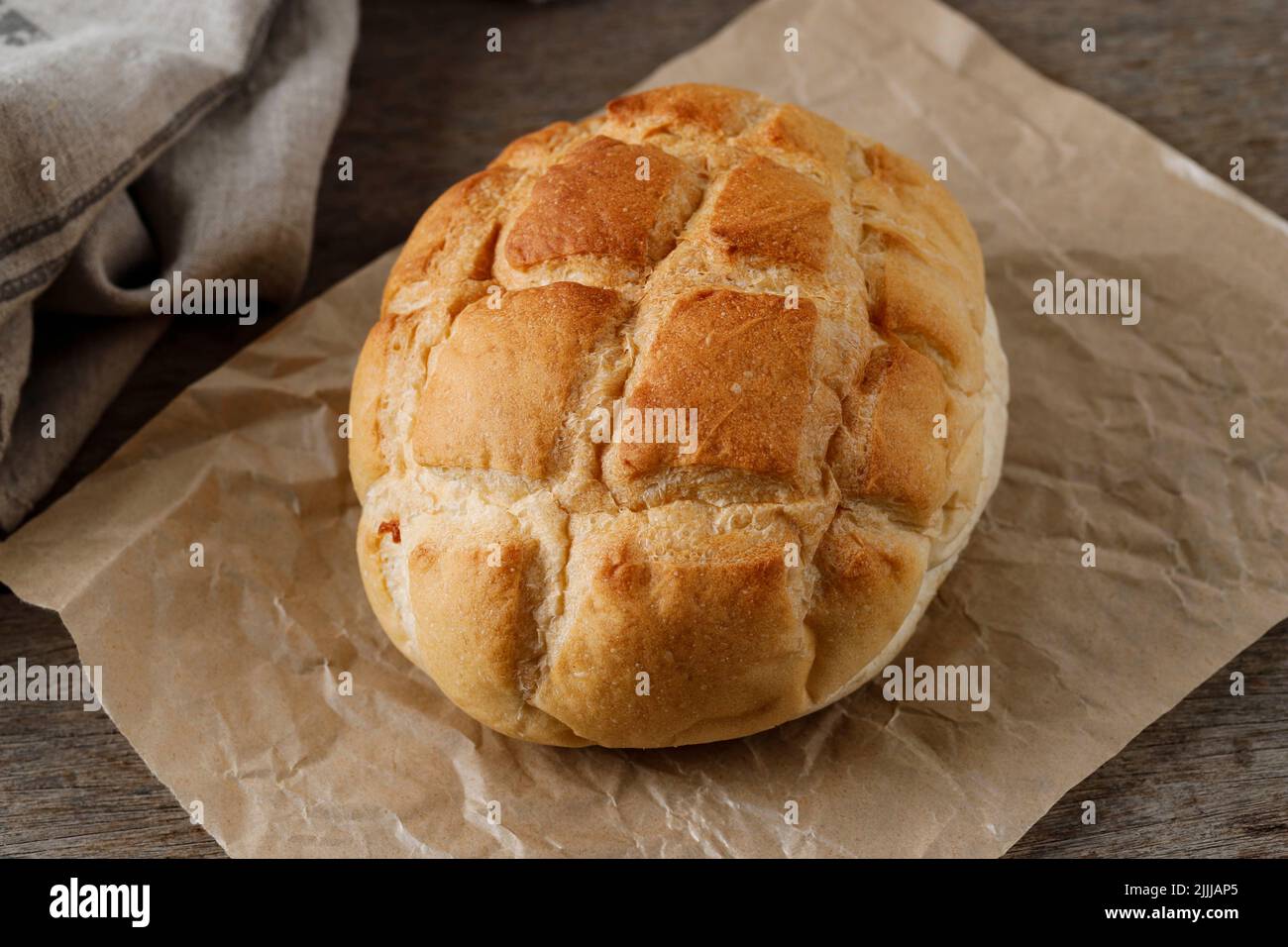 Homemade Boule Round Loaf Bread on Brown Paper, Rustic Wooden Table ...