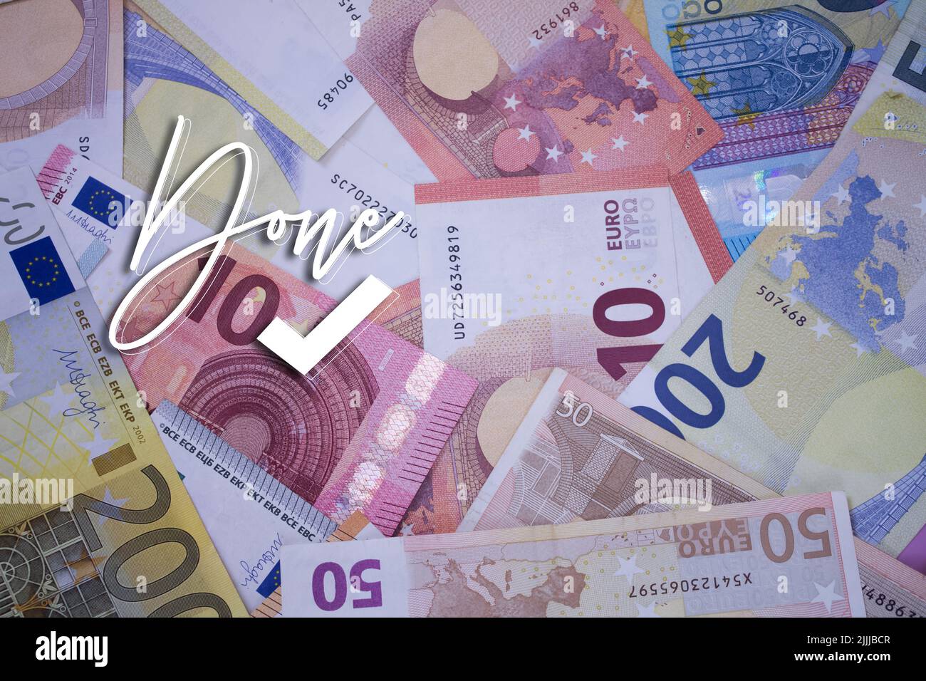 Done text with Checkmark with money. Paper currency background with ...