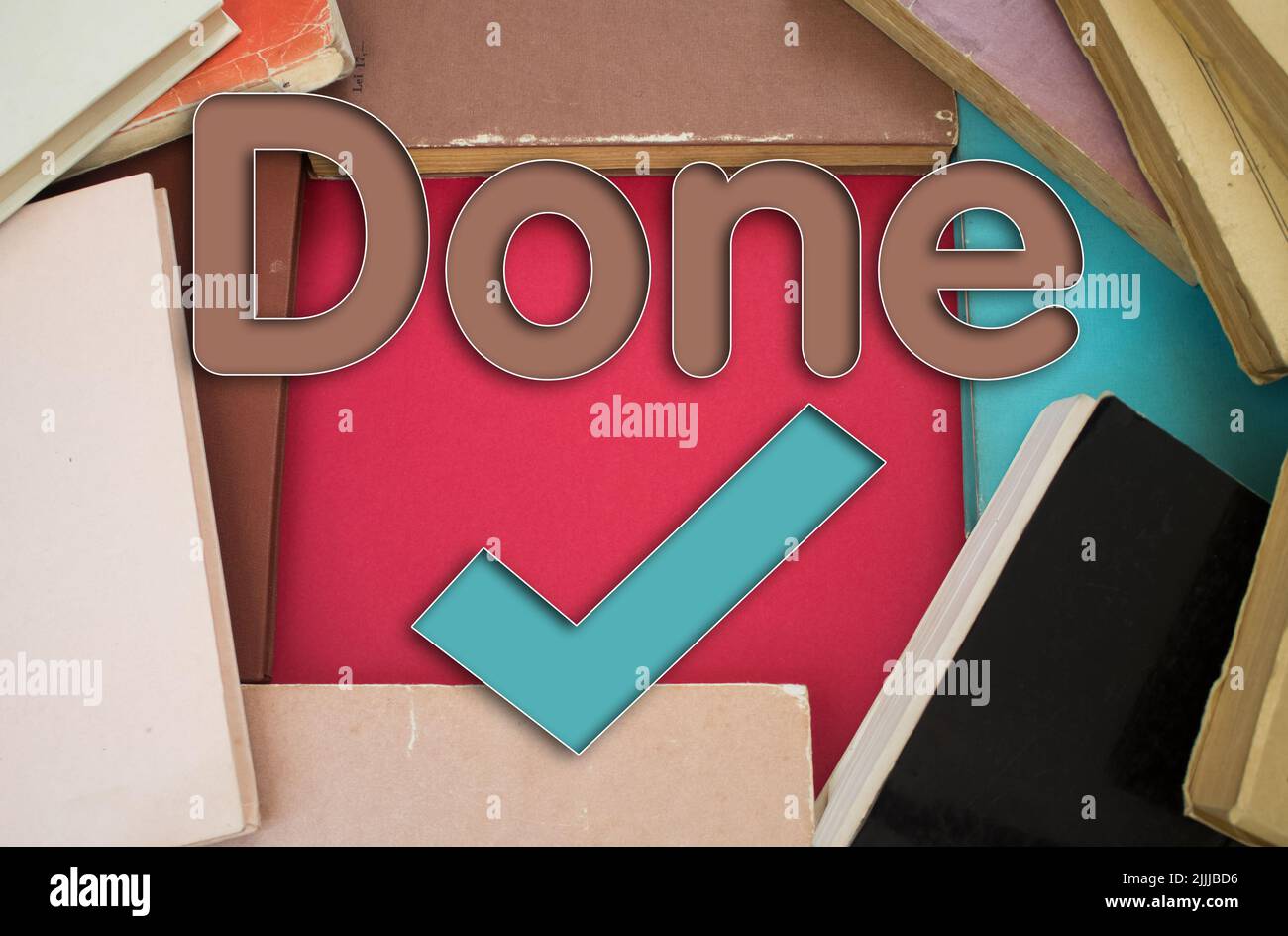 Done text with Checkmark in opened book with vintage, natural patterns ...