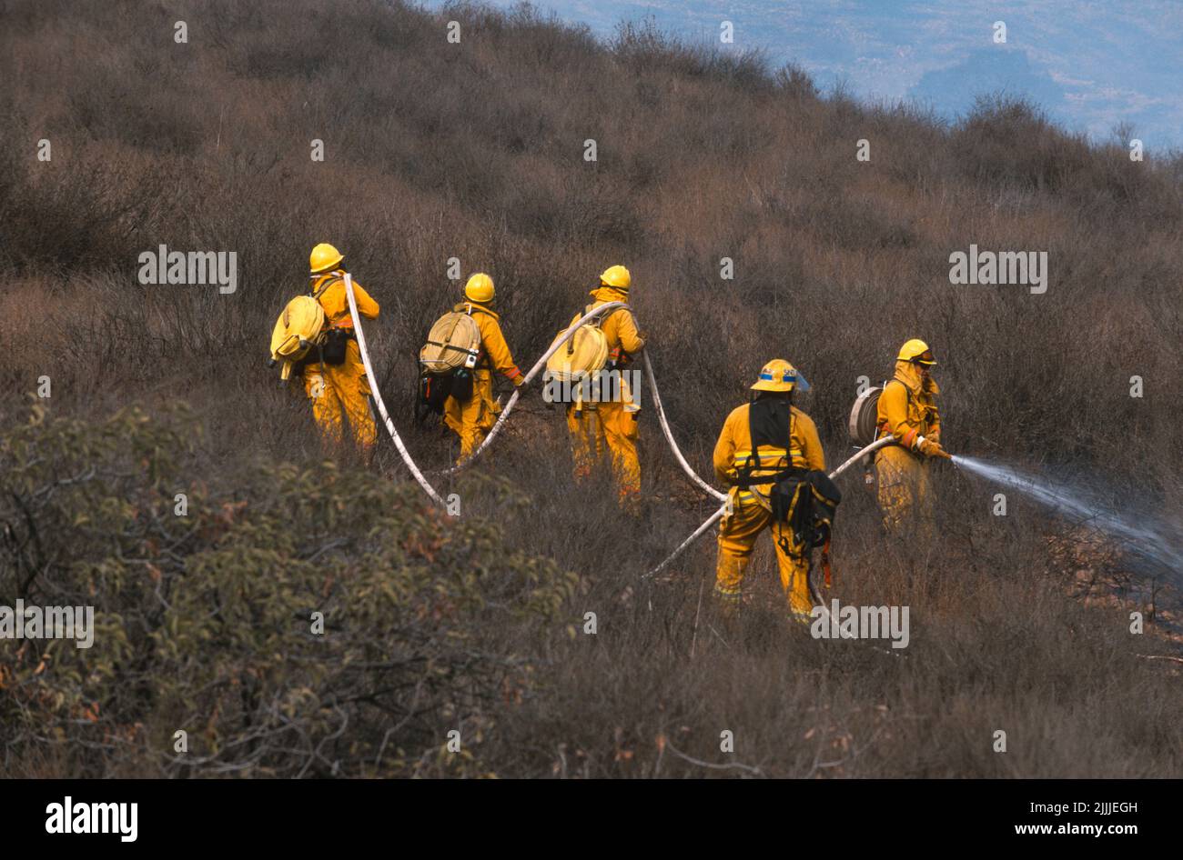 Firefighters working the flank of a fire in San Diego, California Stock ...