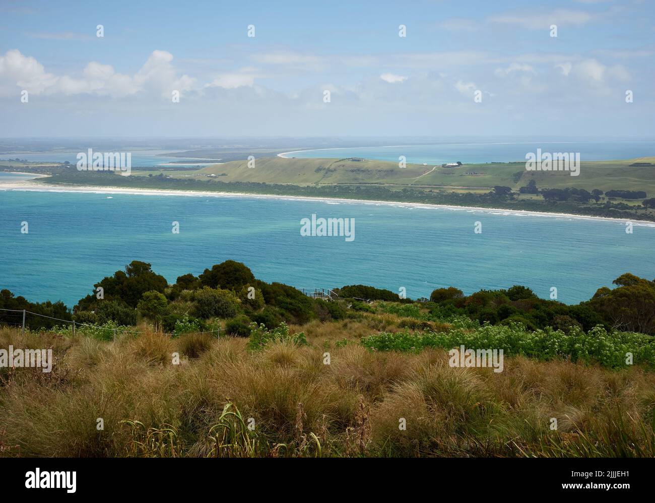 A landscape aerial scene of the Nut in Stanley Tasmania under shiny sky ...