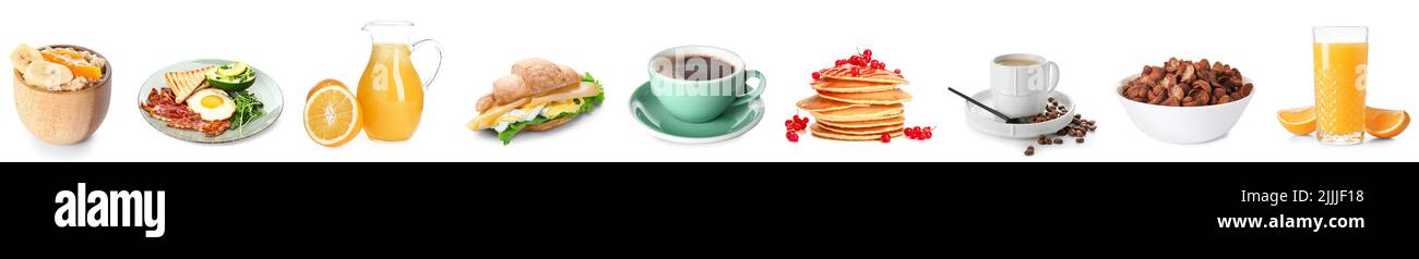 Collage of tasty breakfasts on white background Stock Photo - Alamy