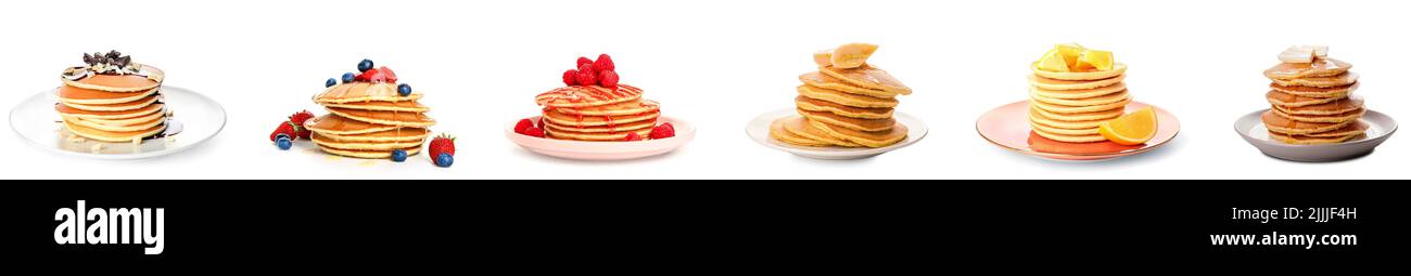Collage of sweet pancakes on white background Stock Photo - Alamy