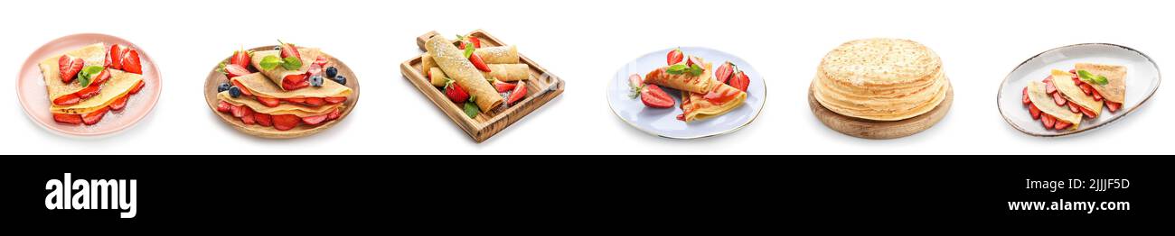 Collage of delicious pancakes on white background Stock Photo - Alamy