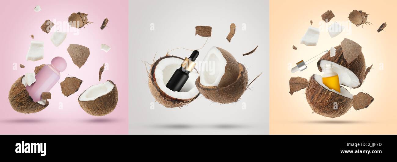 Cracked coconuts and bottles of essential oil on color background Stock ...