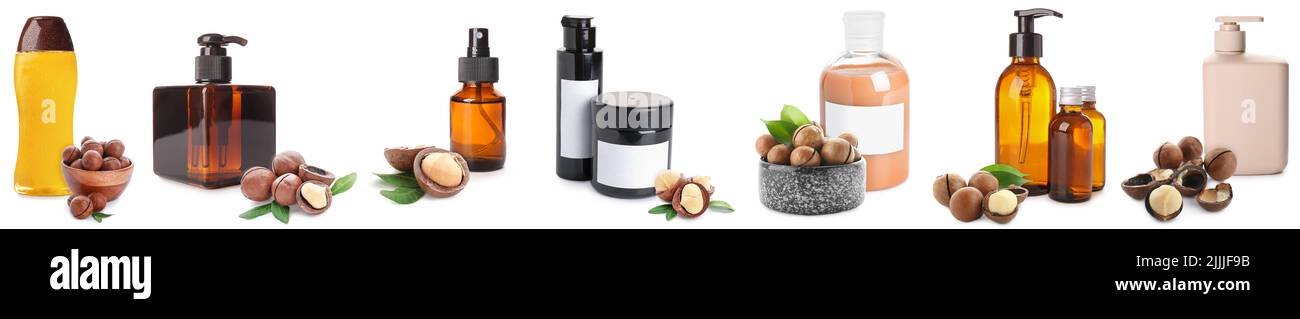 Set of natural cosmetics with macadamia nuts on white background Stock ...