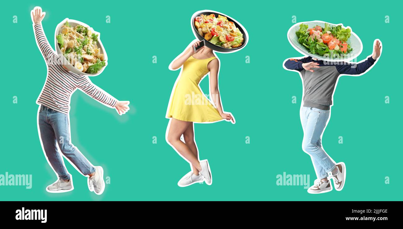 Dancing people with plates of tasty Caesar salad instead of their heads ...