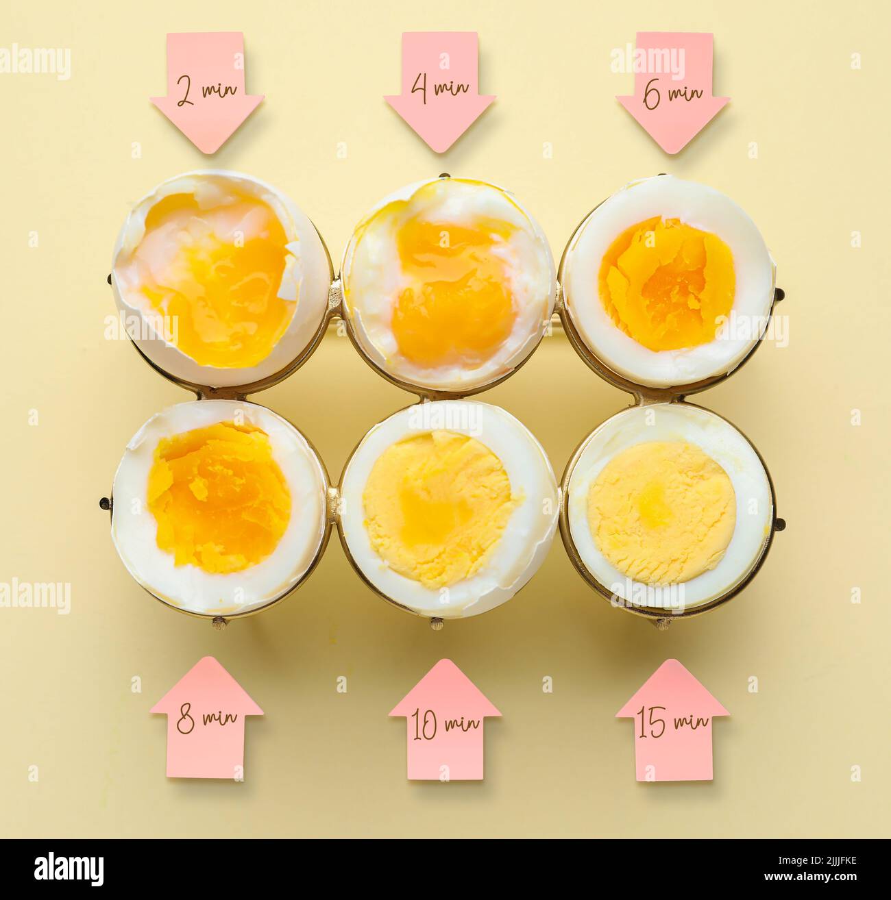 Timing of boiling chicken eggs on light yellow background Stock Photo ...