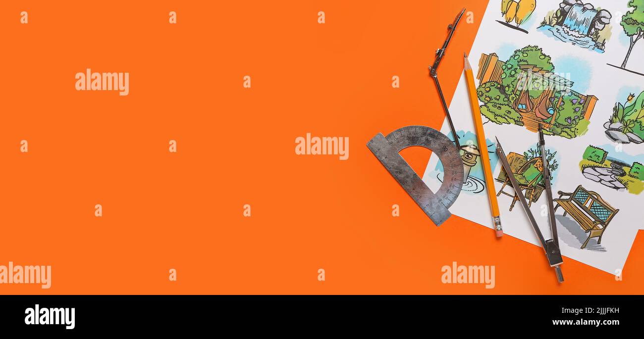 Paper sheet with sketches for landscape design and tools on orange ...