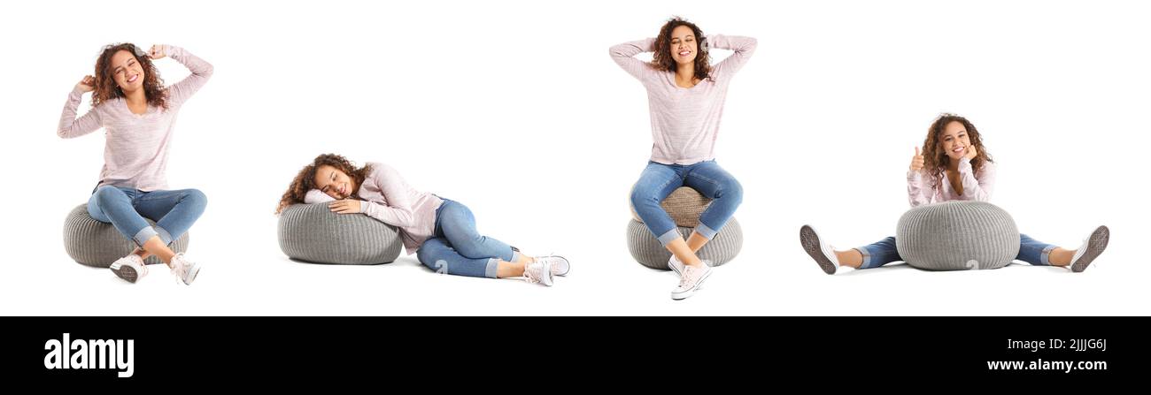 Set of young woman with comfortable pouf on white background Stock ...