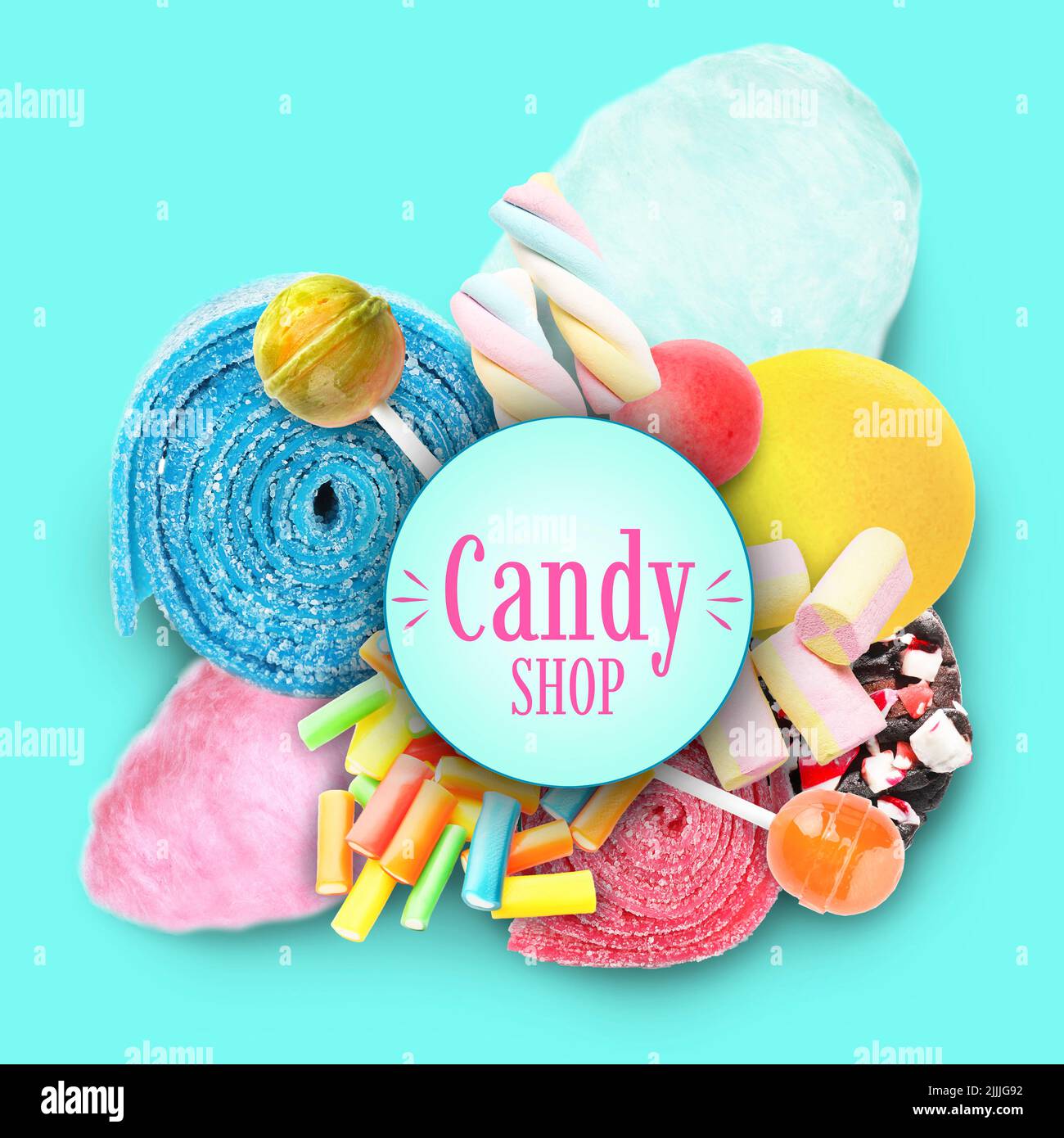 Collage of tasty sweets with text CANDY SHOP on blue background Stock ...