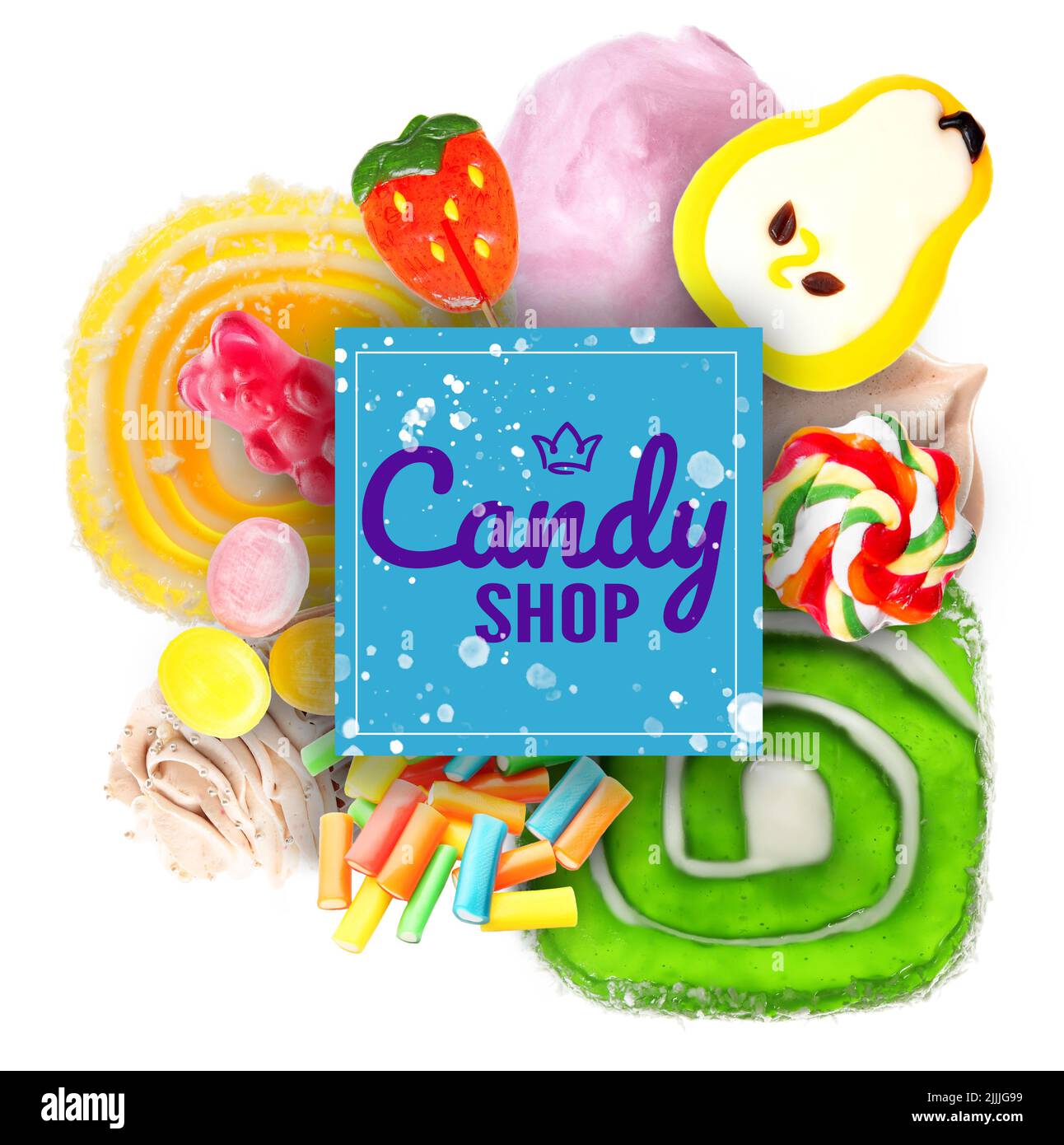 Collage of delicious sweets with text CANDY SHOP on white background ...