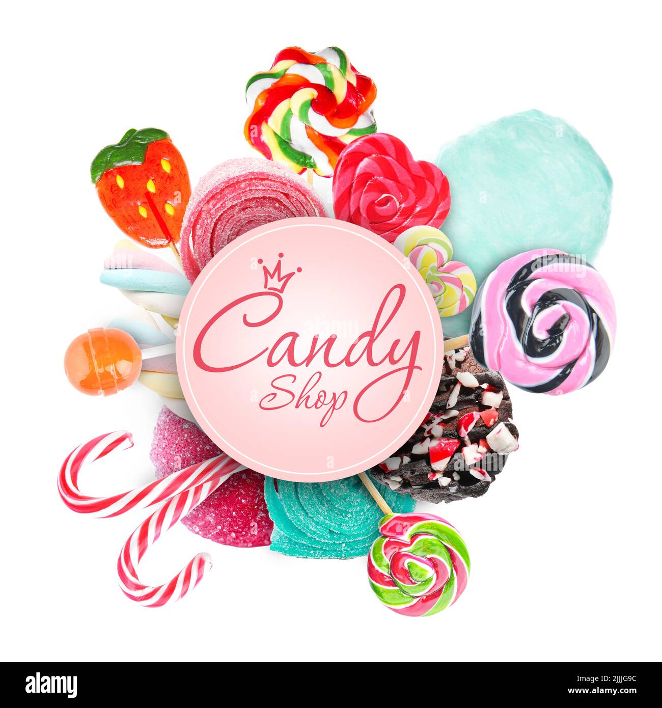 Collage of tasty sweets with text CANDY SHOP on white background Stock ...