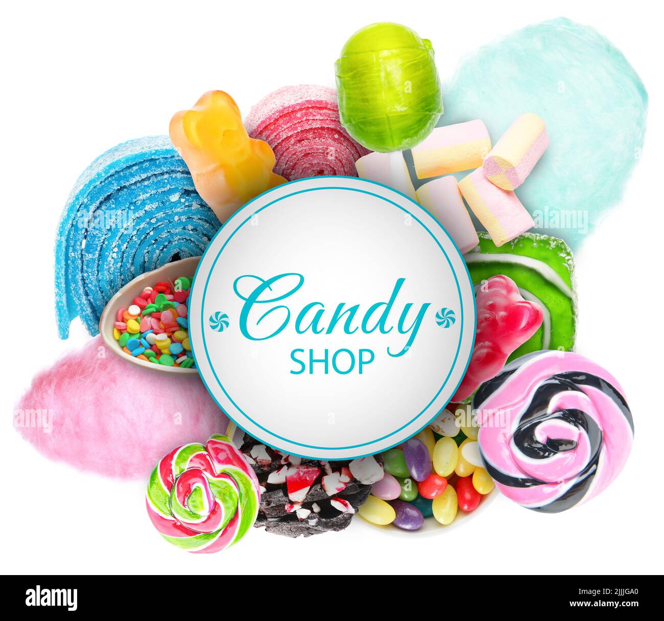 Collage of different sweets with text CANDY SHOP on white background ...