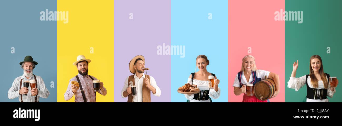 Set of people in traditional German costumes with beer and snacks on ...