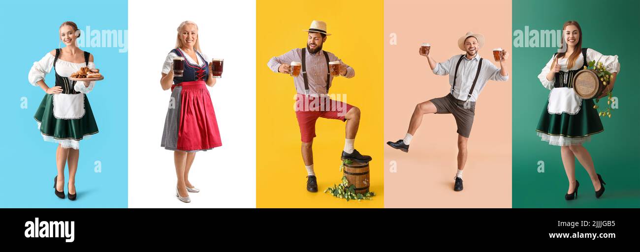 Set of people in traditional German costumes with beer and snacks on ...