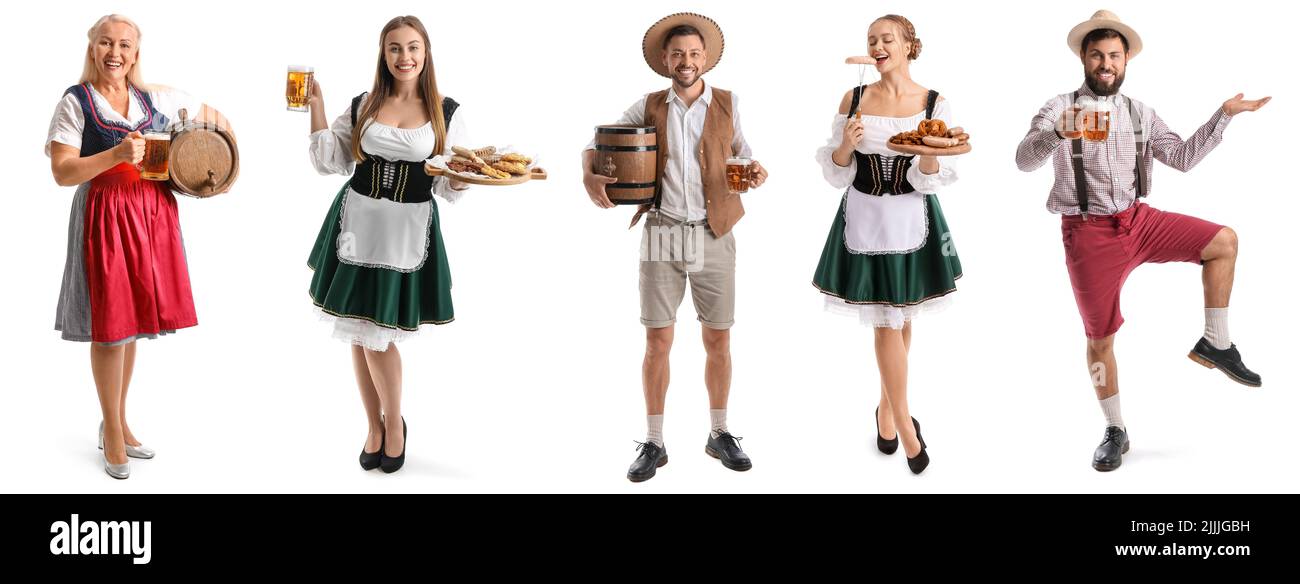Set of people in traditional German costumes with beer and snacks on ...