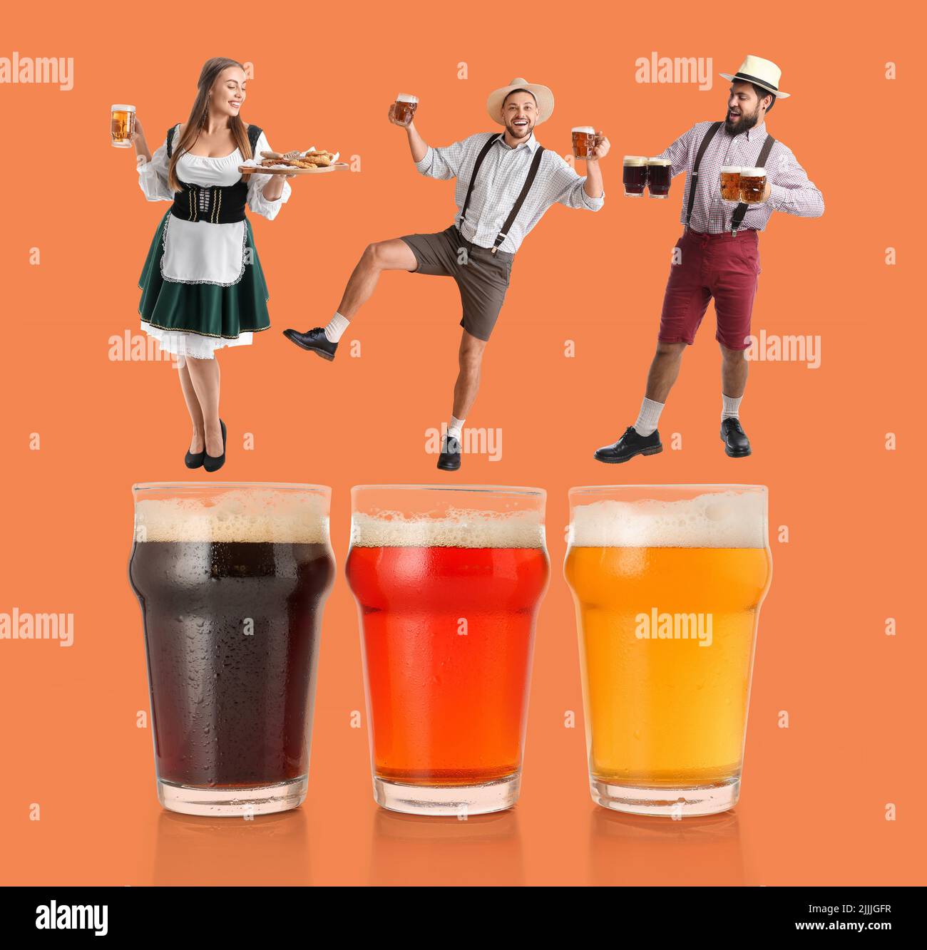 Collage with fresh beer and small people in traditional German clothes ...
