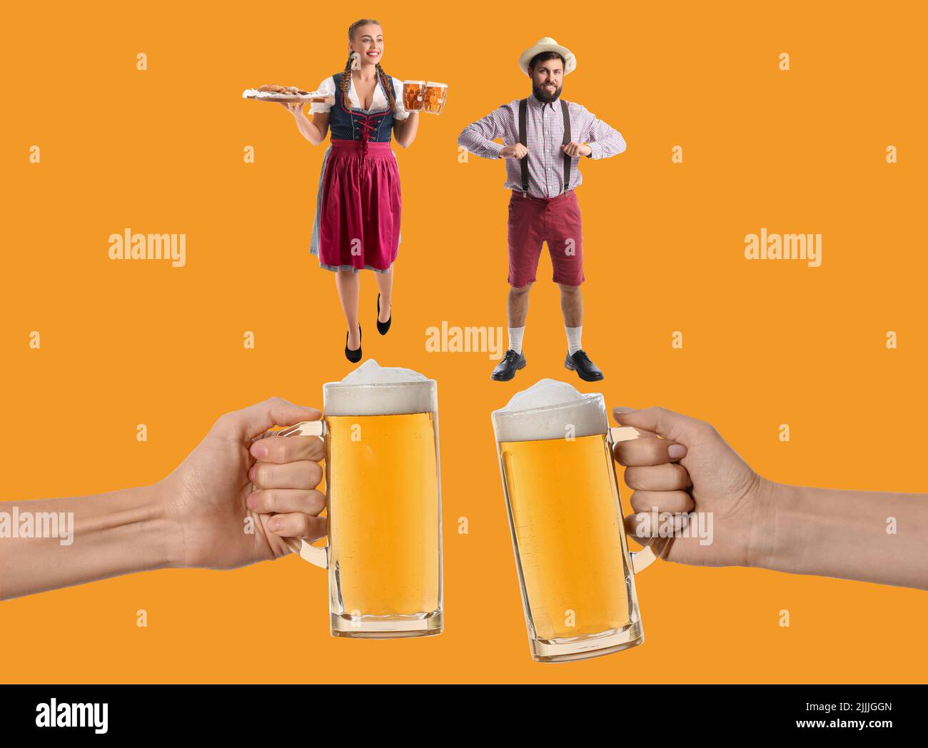 Collage with hands clinking mugs of beer and small people in ...