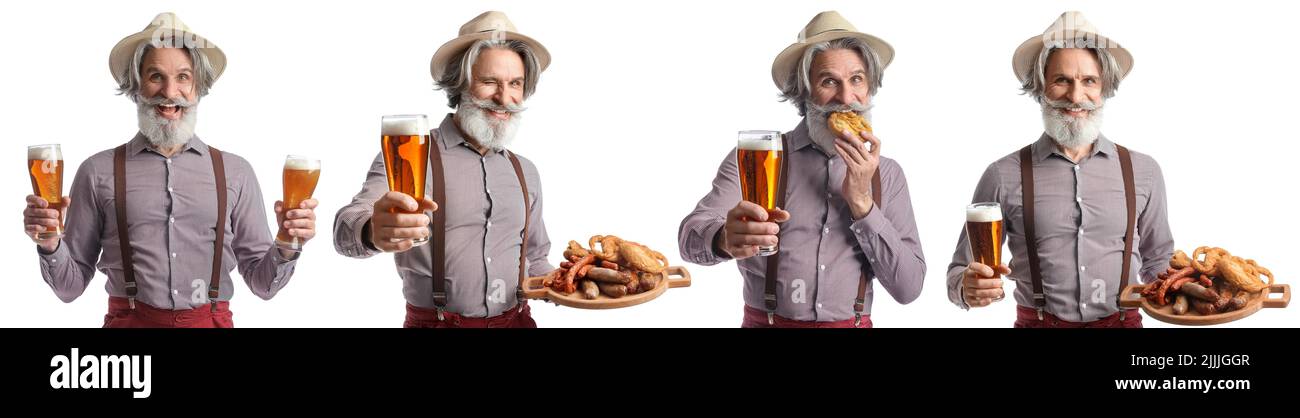 Set of senior man in traditional German clothes, with beer and snacks ...