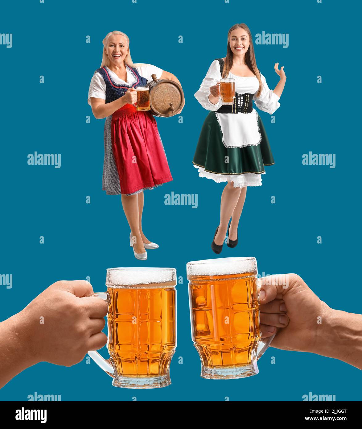 Collage with hands clinking mugs of beer and small Oktoberfest ...