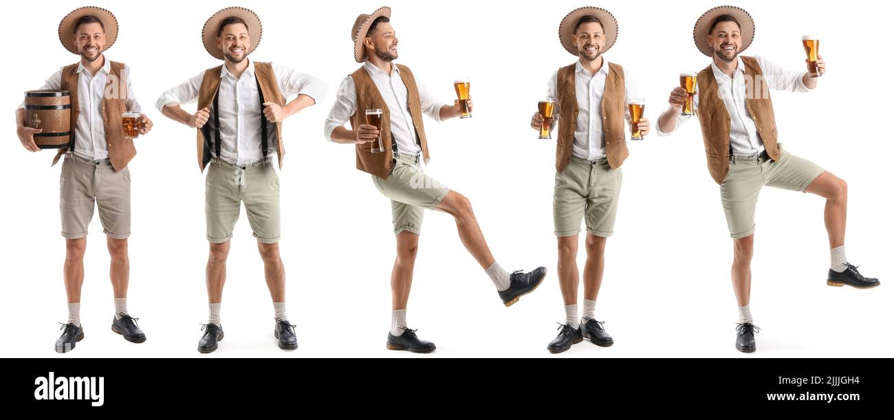 Set of handsome man in traditional German clothes and with beer on ...
