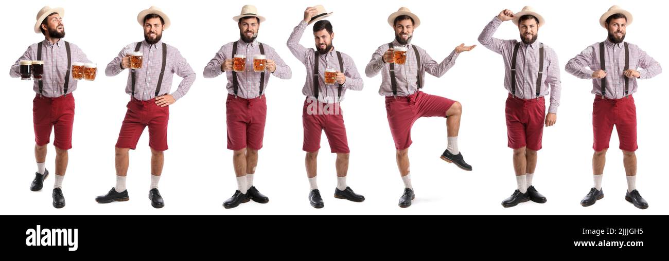 Set of handsome man in traditional German clothes and with beer on ...