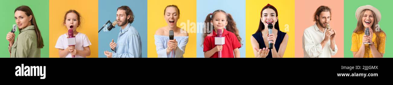 Set of different people with microphones on color background Stock ...