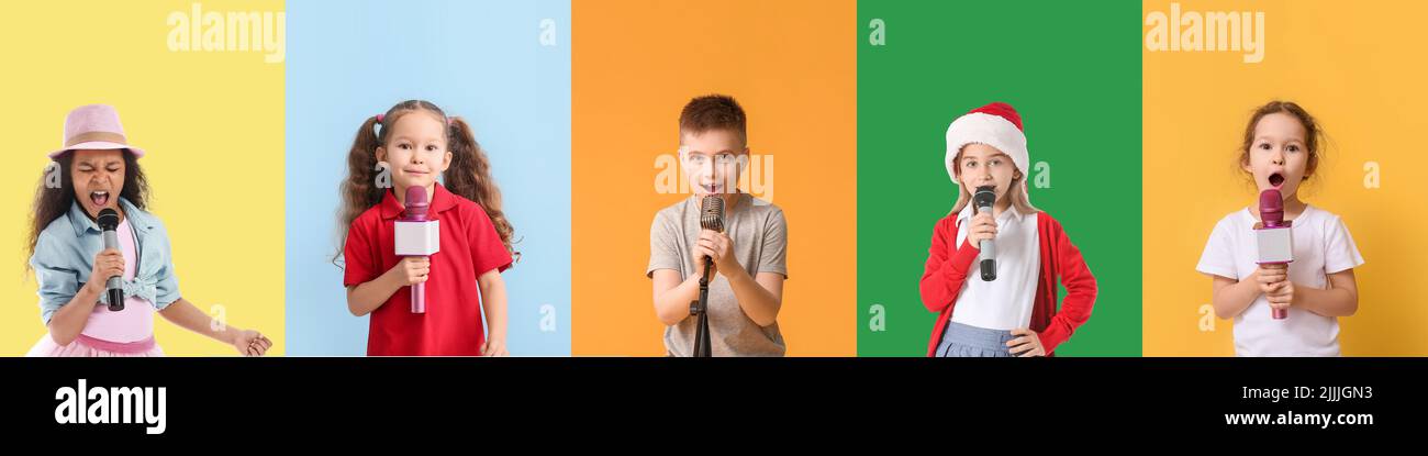 Set of cute children with microphones on color background Stock Photo ...