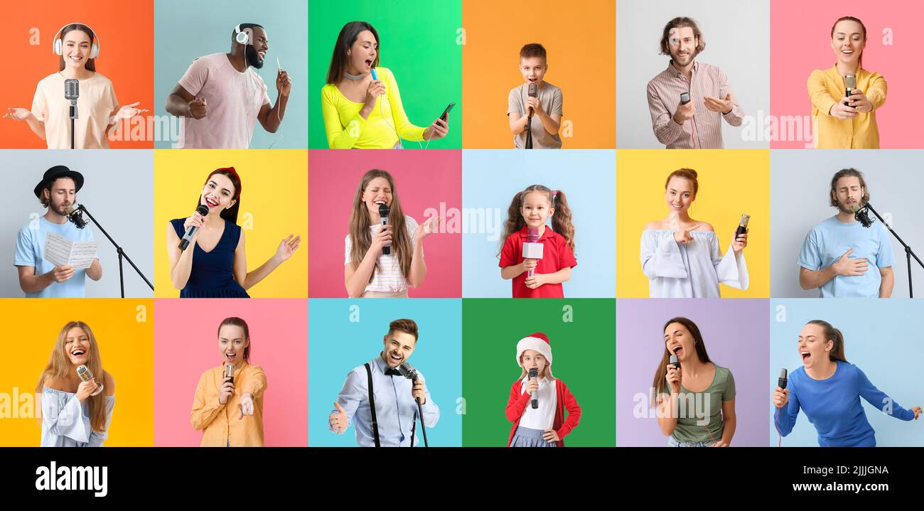 Set of different people with microphones on color background Stock ...