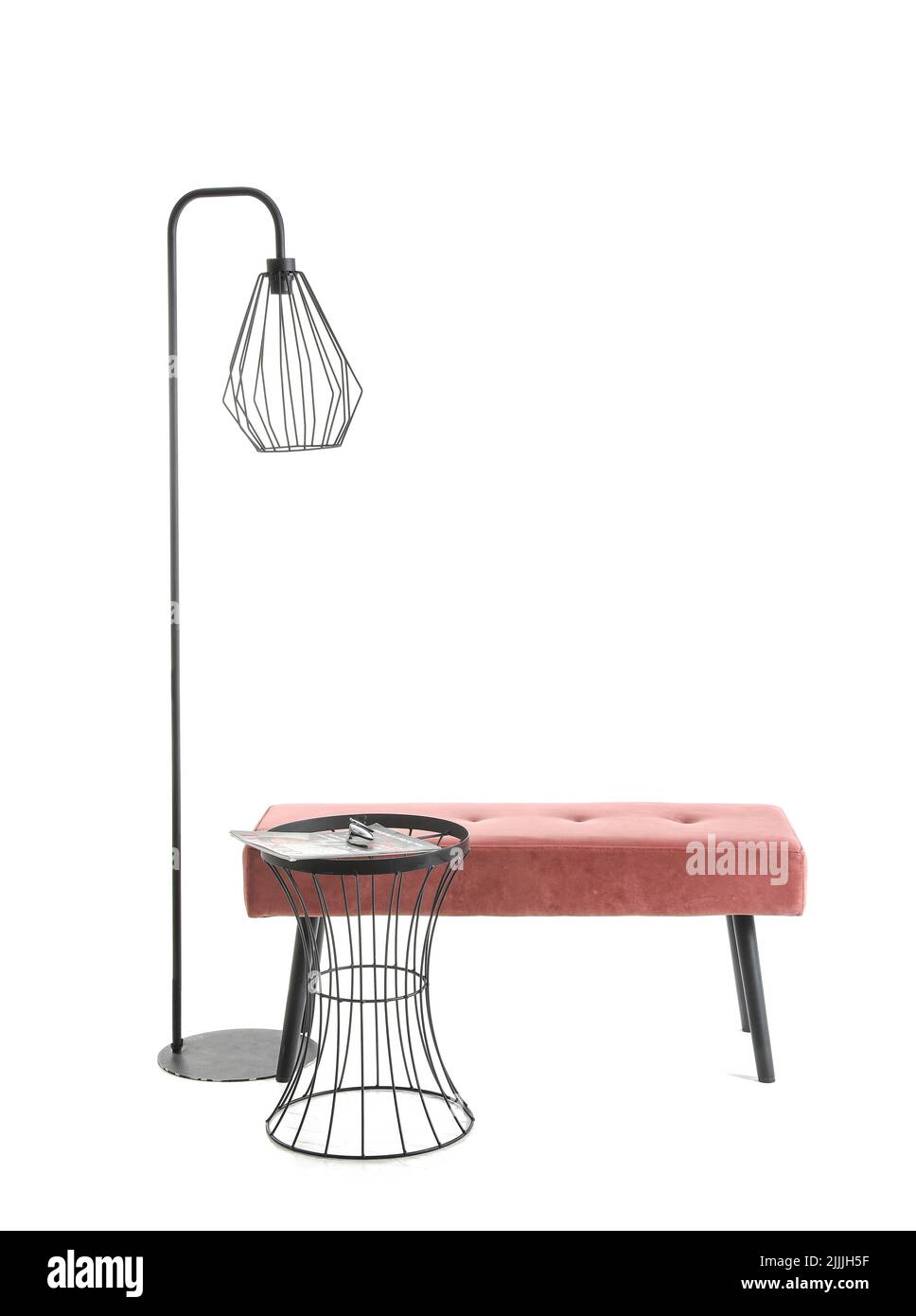 Pink bench, basket and lamp on white background Stock Photo - Alamy