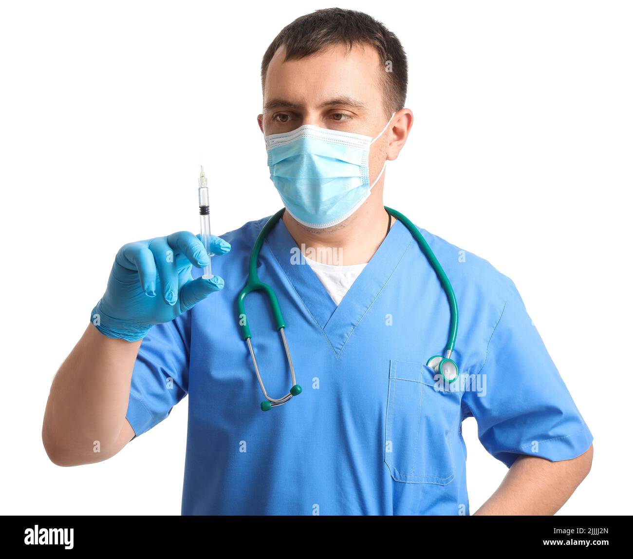 Doctor with syringe on white background Stock Photo - Alamy