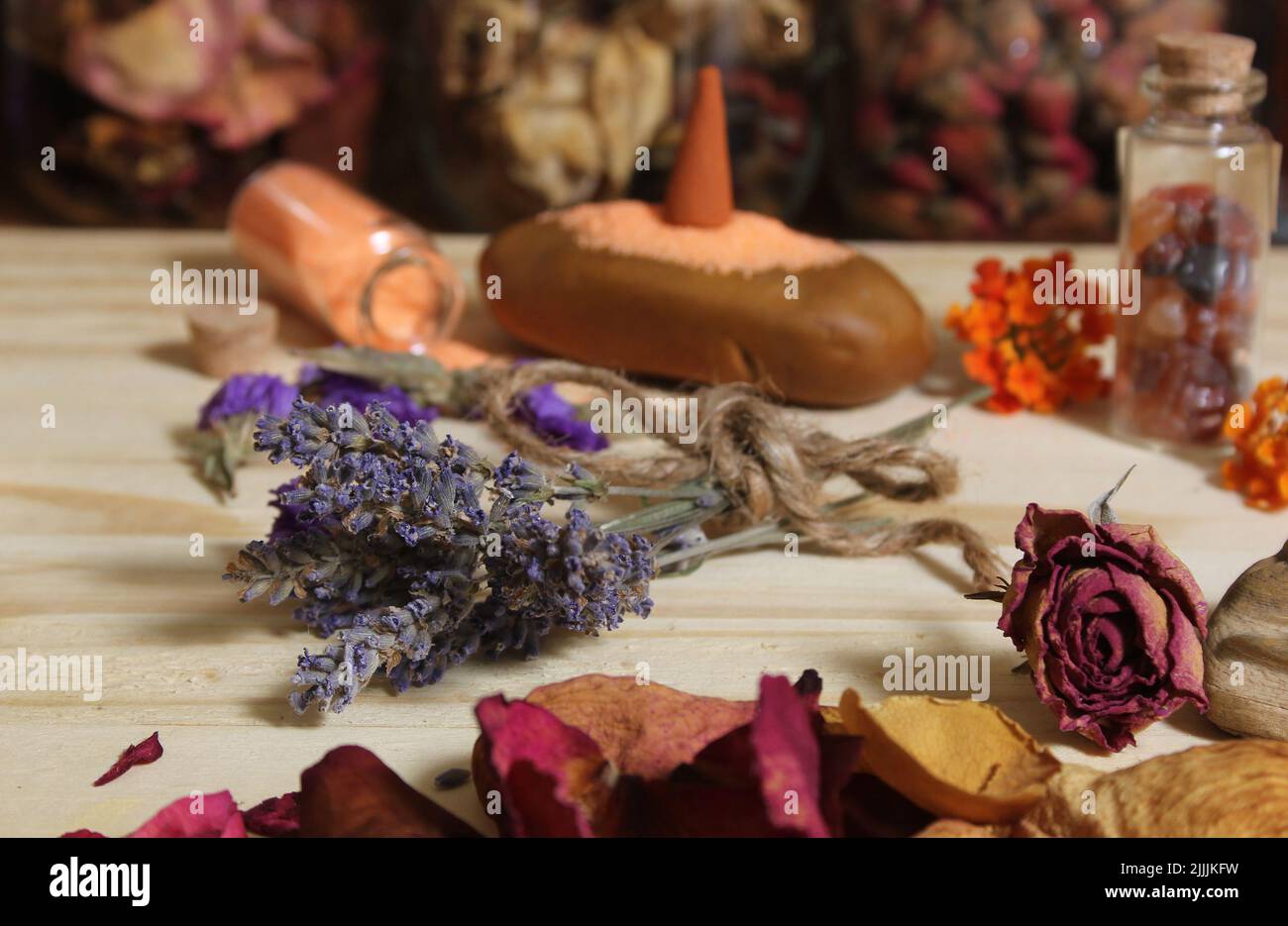 Dried Rose Petals and Dried Lavender With Crystals and Petrified Wood ...