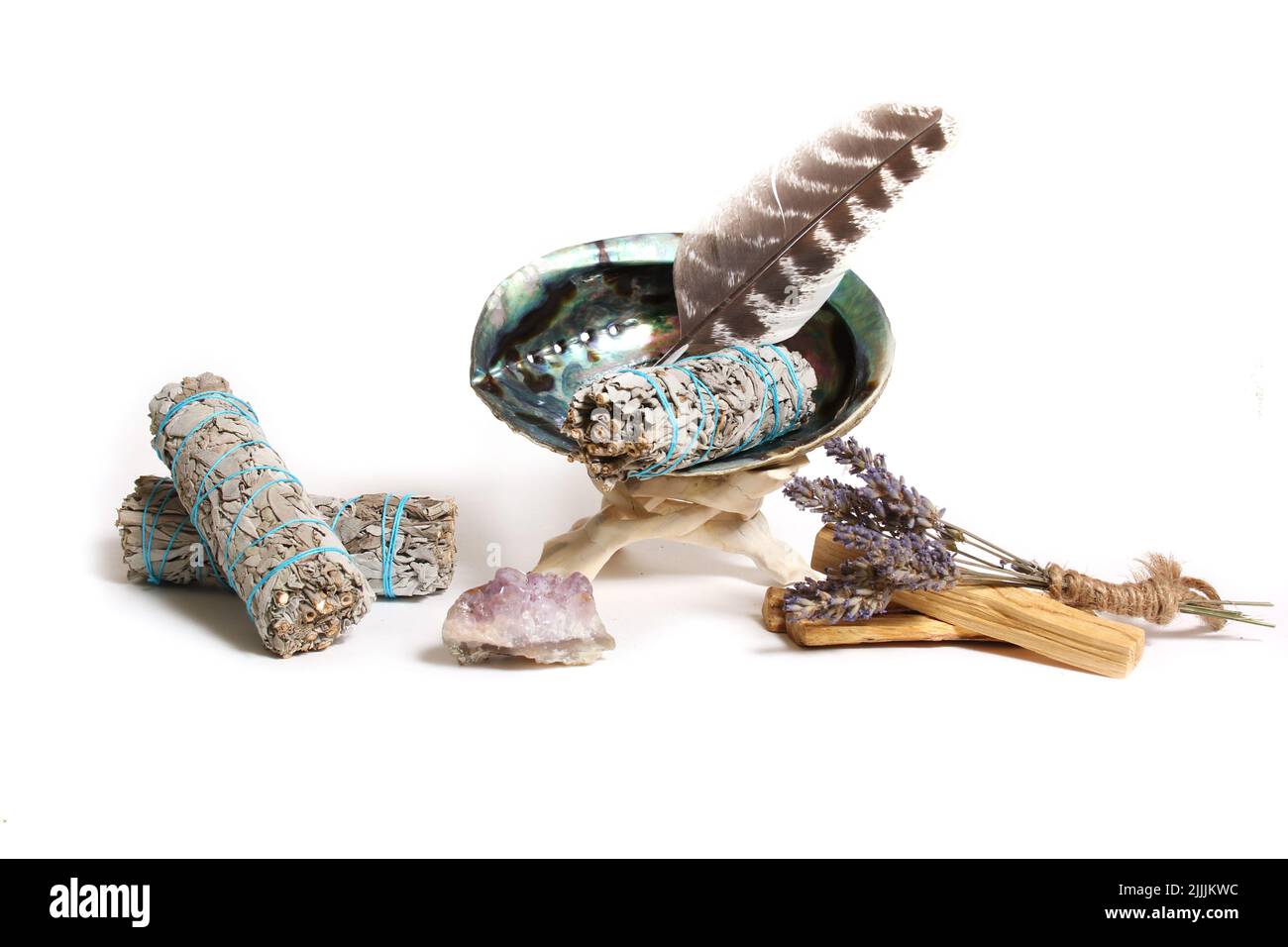 Abalone Shell With Sage Incense and Amethyst Stone For Cleansing and Purification Isolated on ...