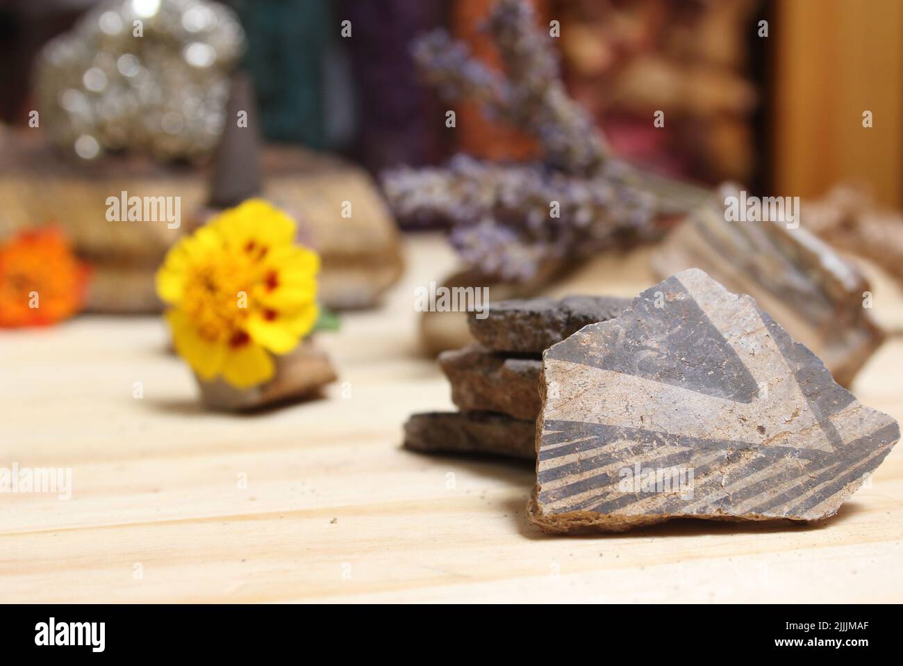 Ancient Native American Pottery Pieces With Crystals and Flowers on ...