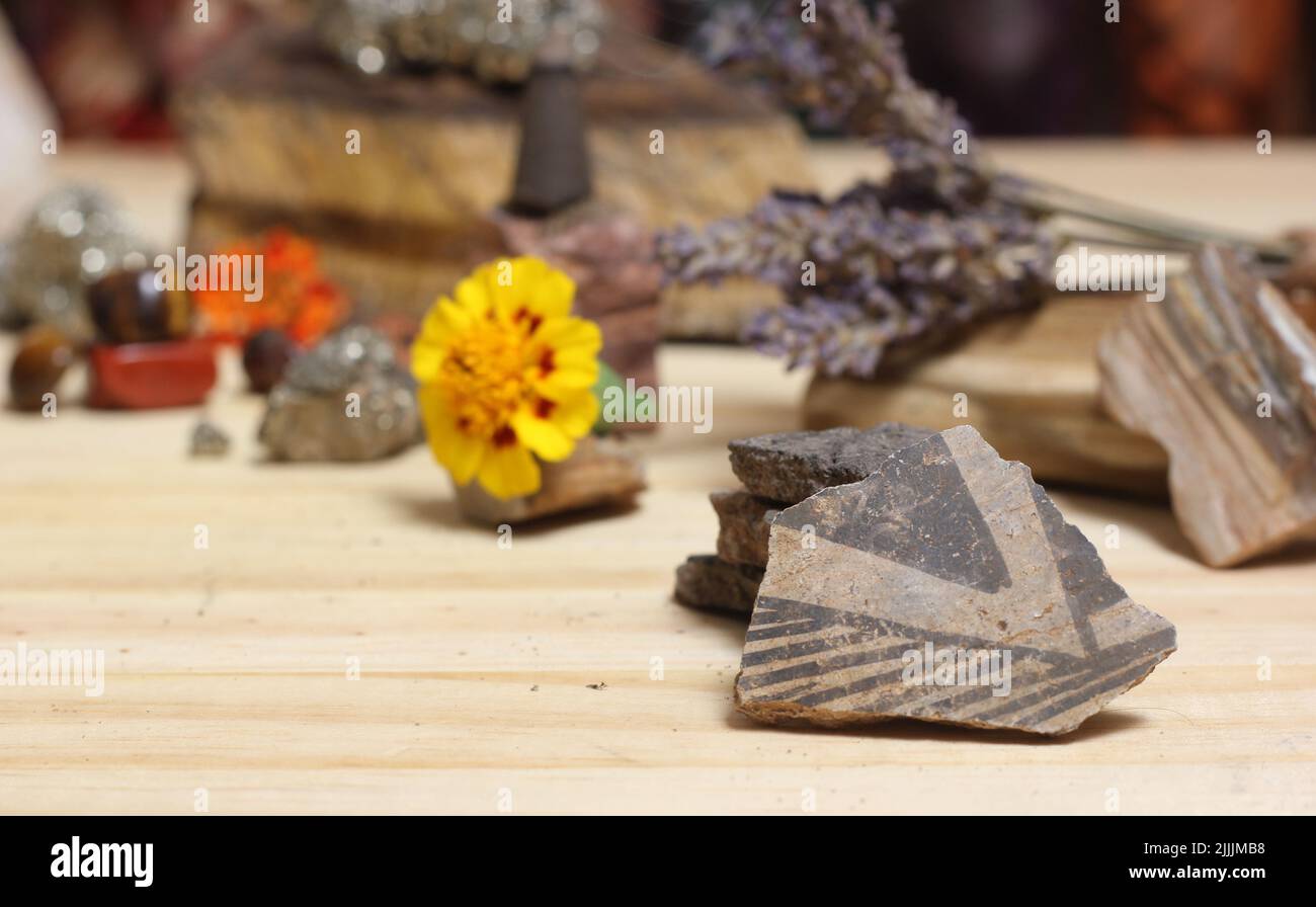 Ancient Native American Pottery Pieces With Crystals and Flowers on ...