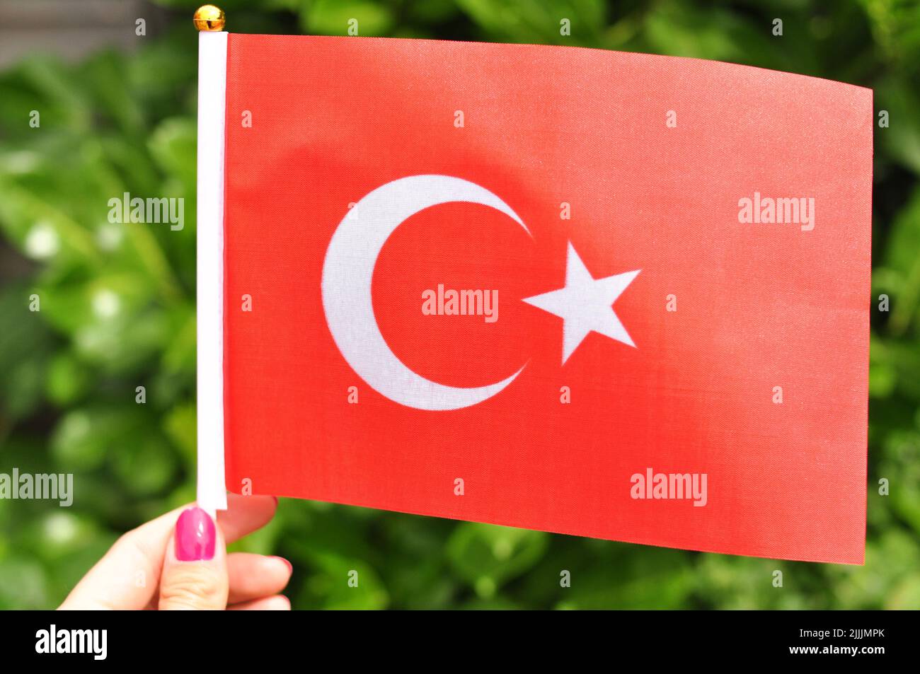 Close up of Turkish national red flag with moon and stars Stock Photo ...