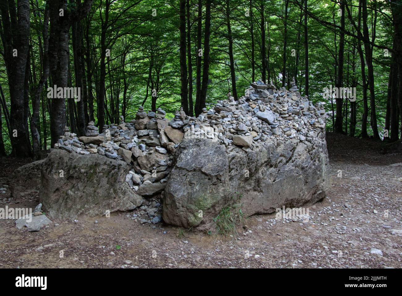 A scenic view of a pile of stones in a forest in Pyrenees, France, in ...