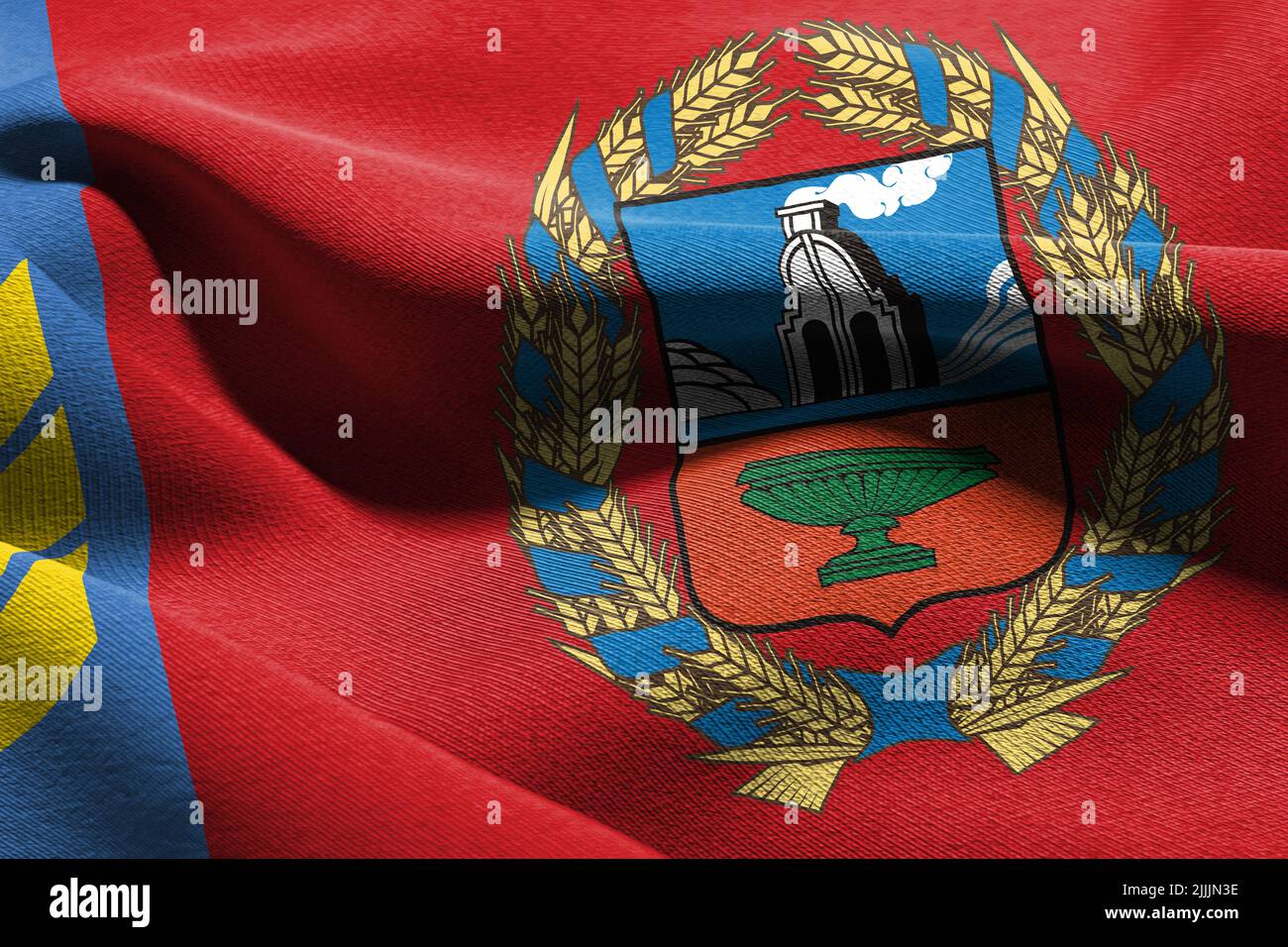 3D illustration flag of Altai Krai is a region of Russia. Waving on the ...