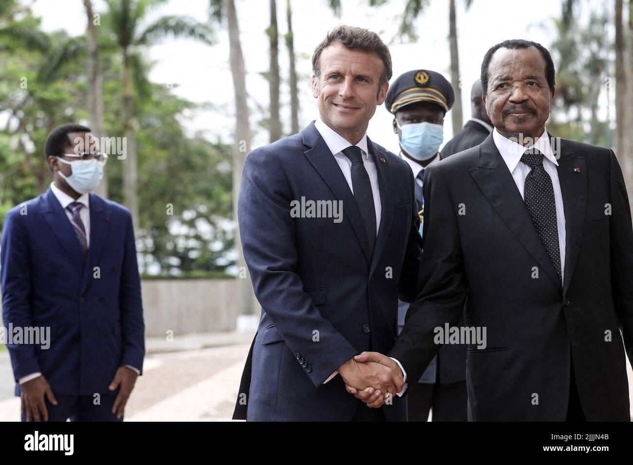 Yaounde, Cameroon, July 26, 2022. French President Emmanuel Macron ...