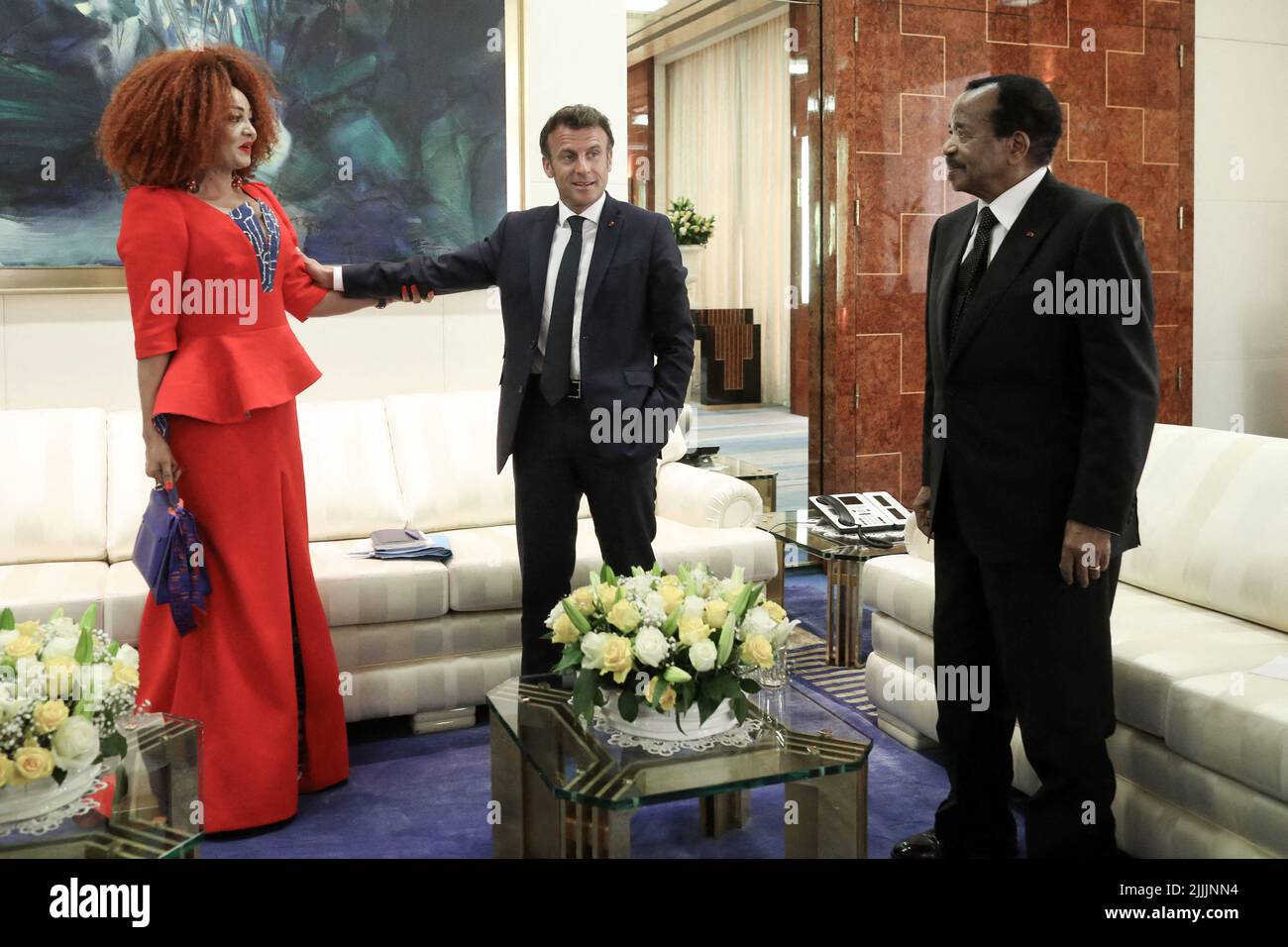 Yaounde, Cameroon, July 26, 2022. French President Emmanuel Macron ...