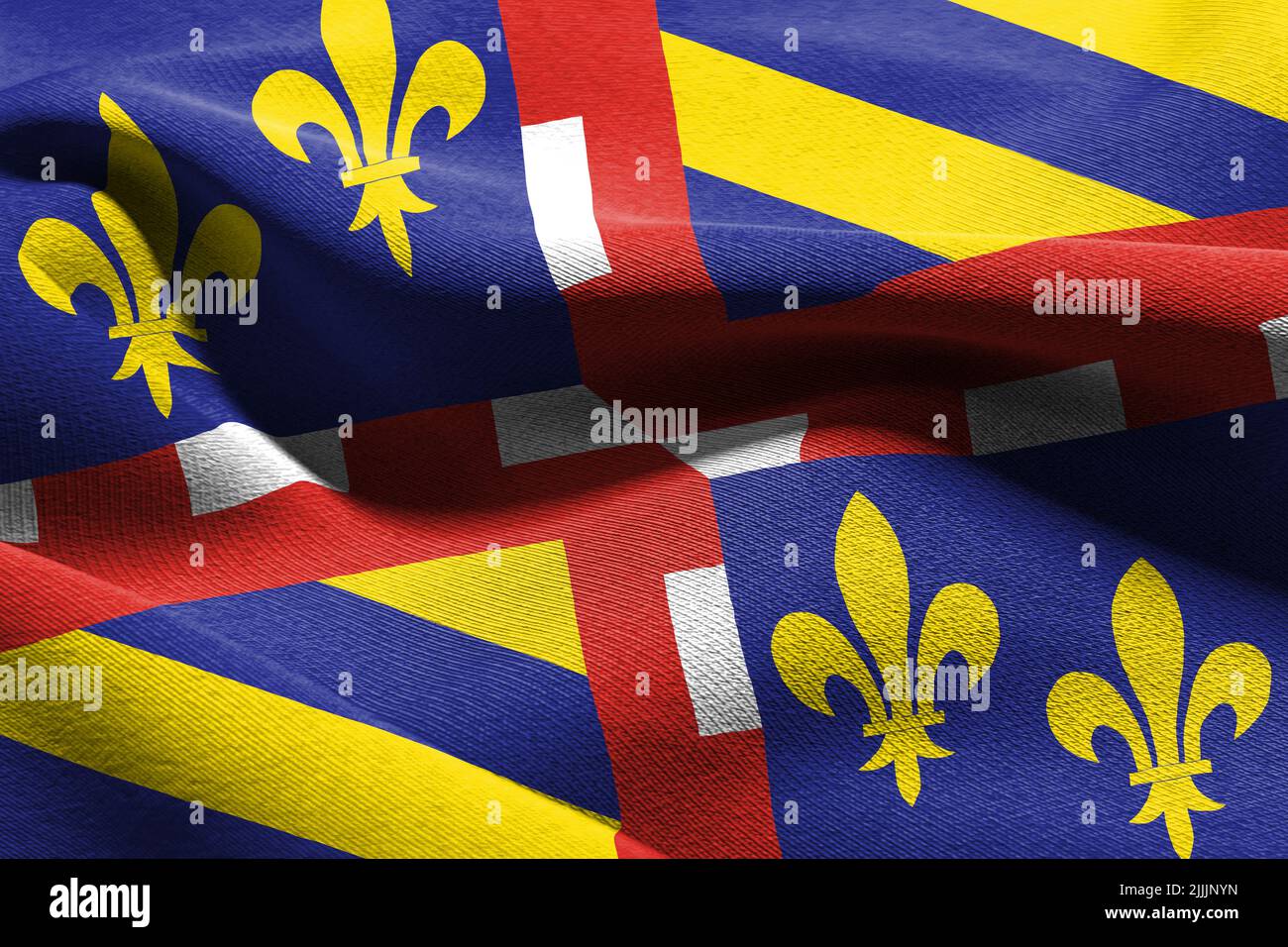 3D illustration flag of Burgundy is a region of France. Waving on the ...