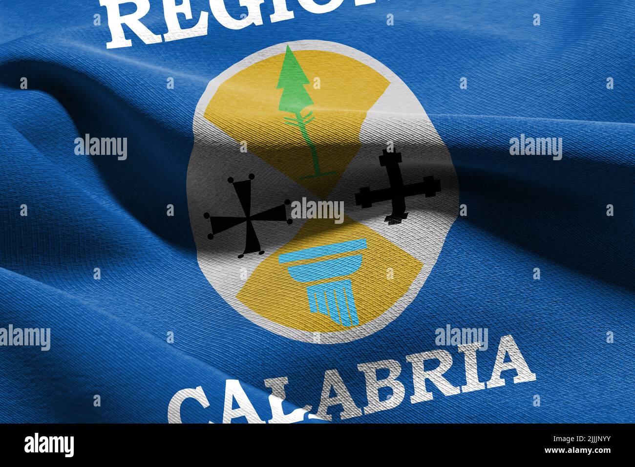3D illustration flag of Calabria is a region of Italy. Waving on the wind flag textile ...