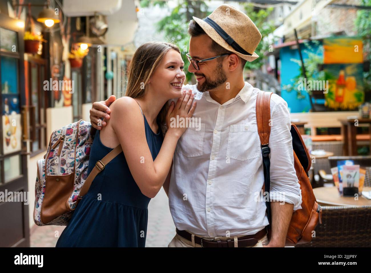 Happy tourist couple in love having fun, traveling smiling together on ...