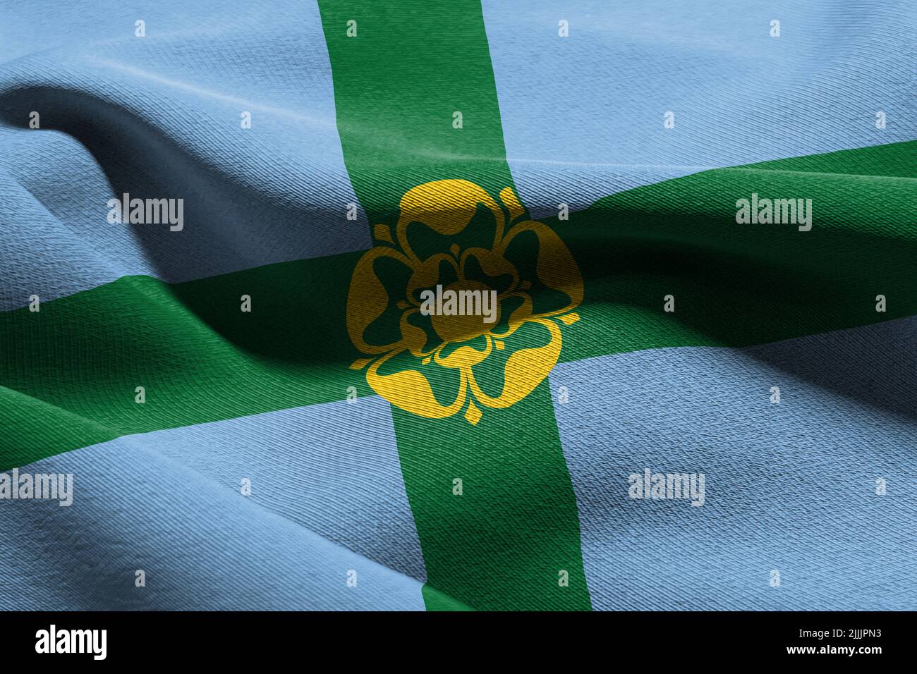 3D illustration flag of Derbyshire is a region of England. Waving on ...