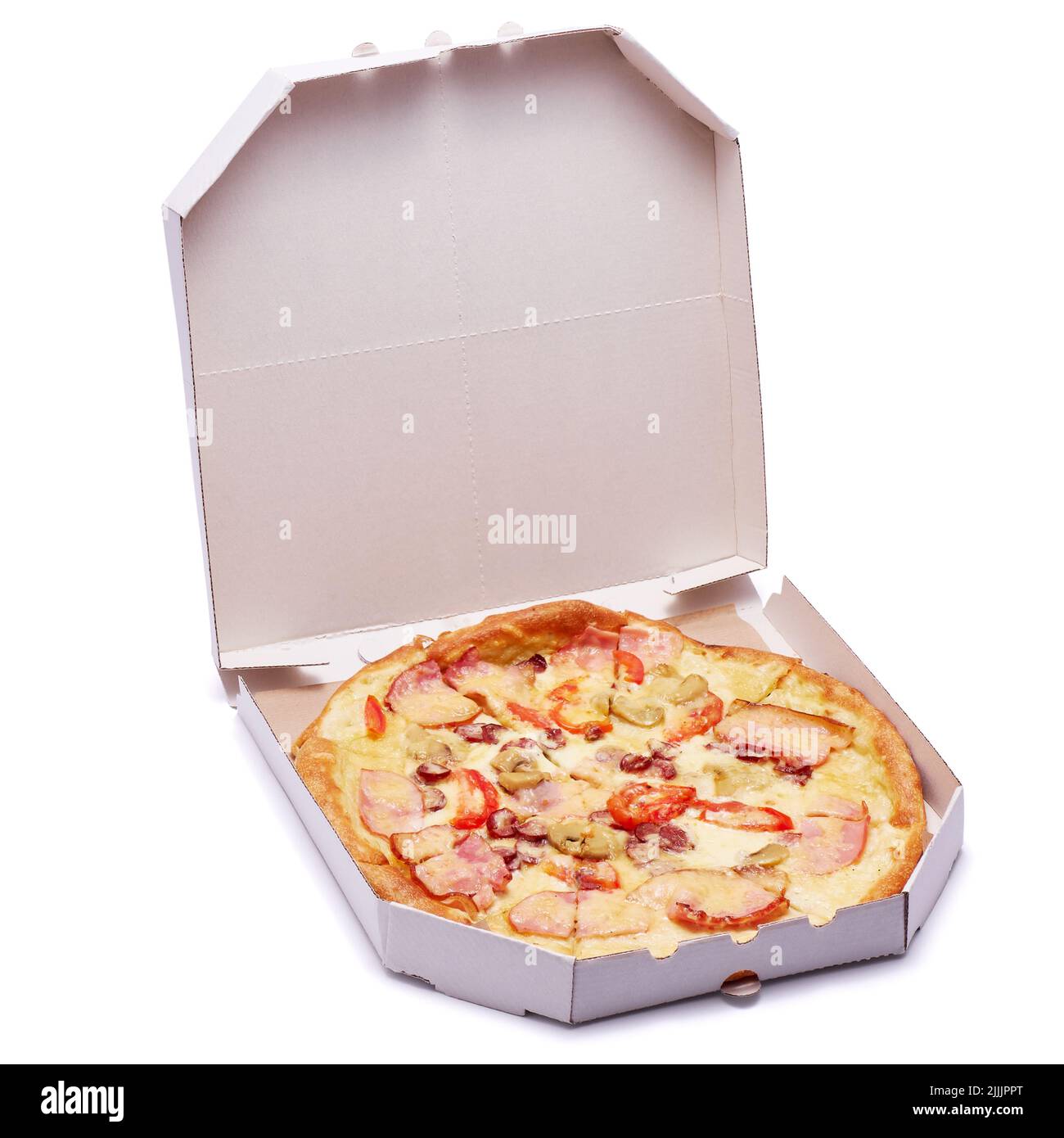 Pizza in a cardboard box isolated on white background Stock Photo - Alamy