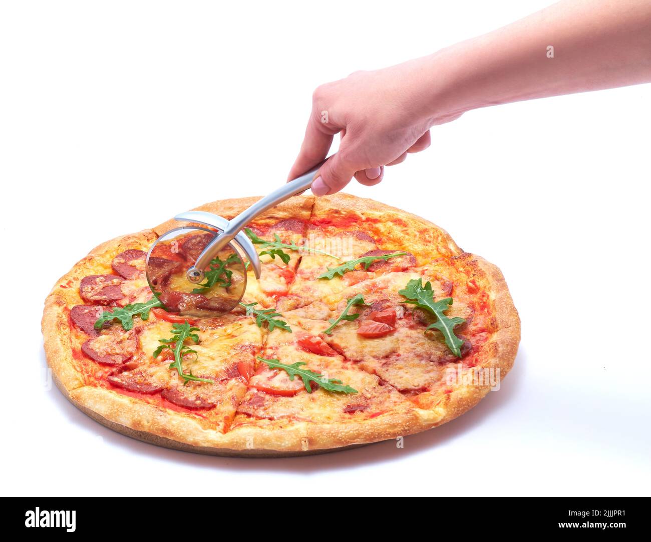 traditional italian pizza with pepperoni spicy sausages isolated on a ...